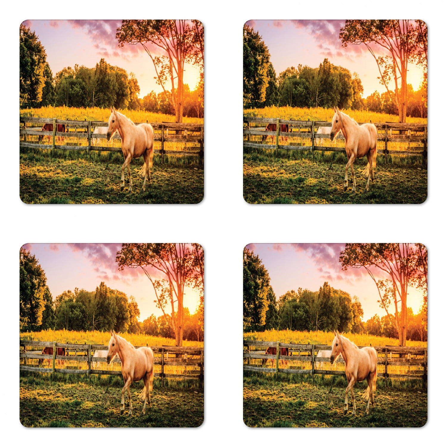 Animal Coaster Set of 4, Dramatic and Scenic Landscape Illustration with a Horse Running During ...