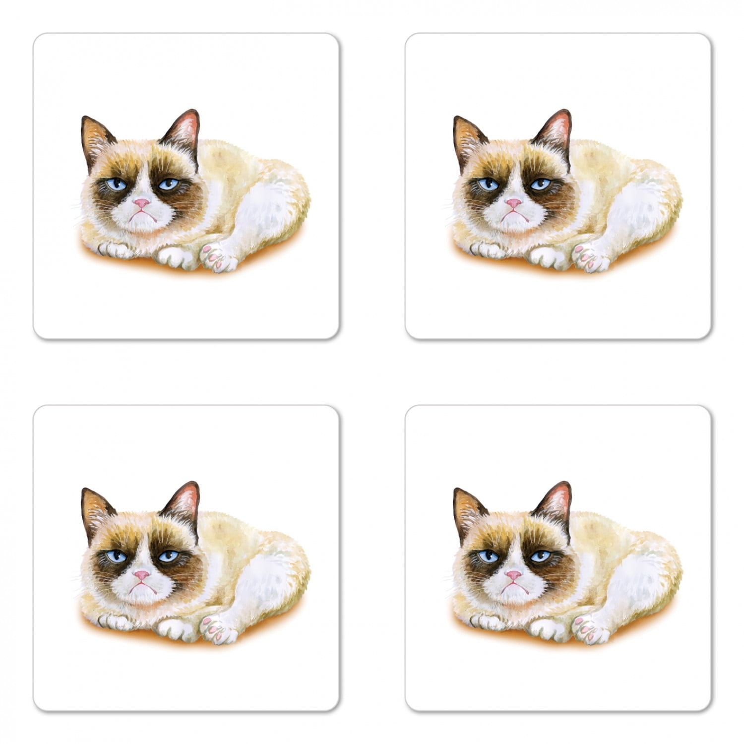 Animal Coaster Set of 4, Grumpy Siamese Cat Angry Paws Kitten Moody ...