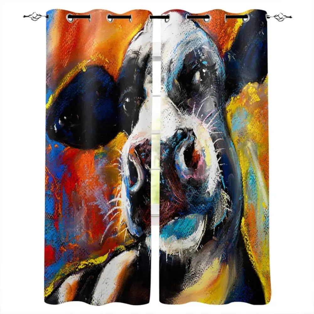 Animal Cow Color Oil Painting Window Curtains Bedroom Kitchen Drapes ...