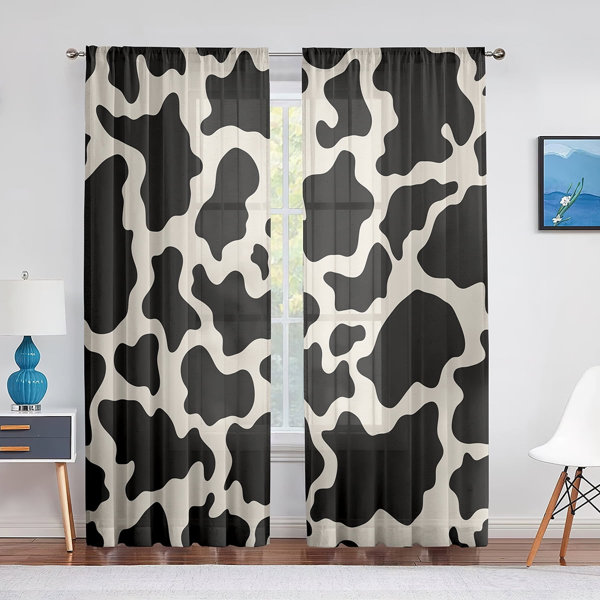 Animal Cow Print Sheer Voile Curtain Cowhide Pattern with Plain Black ...