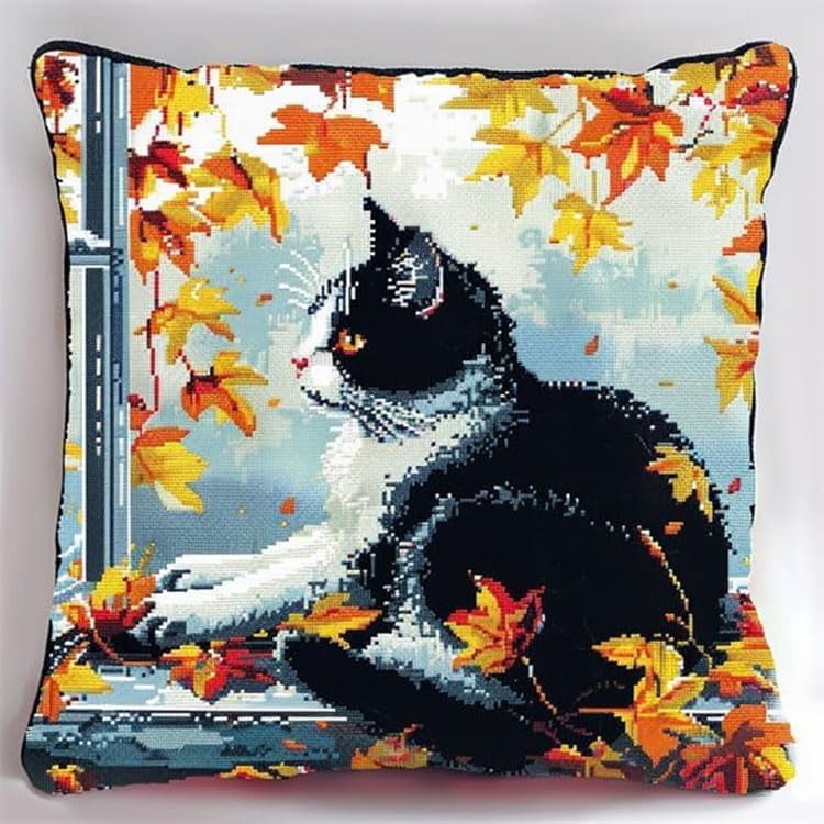 Animal Cross Stitch Latch Hook Sofa Cushion Cover,Cat By The Window,3D ...