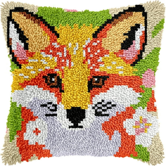 Animal Cross Stitch Latch Hook Sofa Cushion Cover,Fox And Flowers,3D Pre-Printed Pillow Case ...