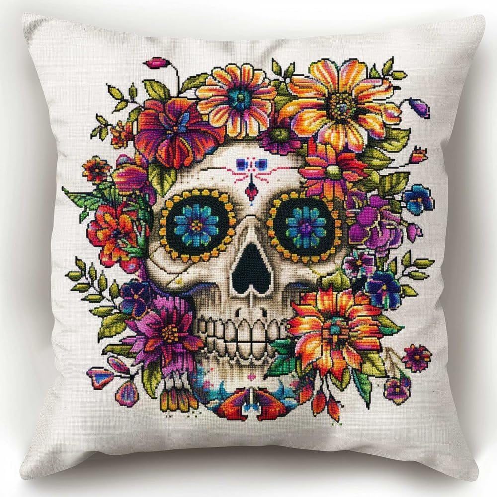 Animal Cross Stitch Latch Hook Sofa Cushion Cover,Skulls And Flowers,3D ...