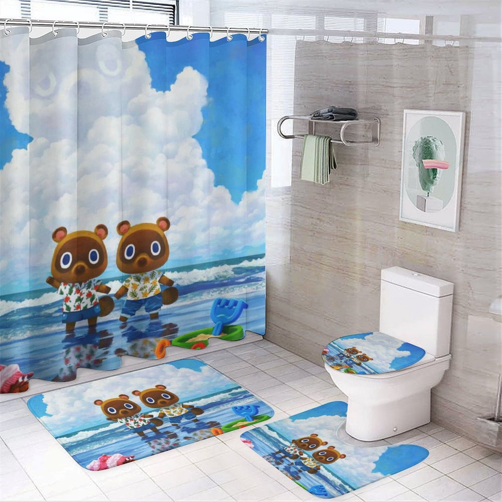Animal Crossing Shower Curtain Set 4-Piece Bathroom Set with Non-Slip ...