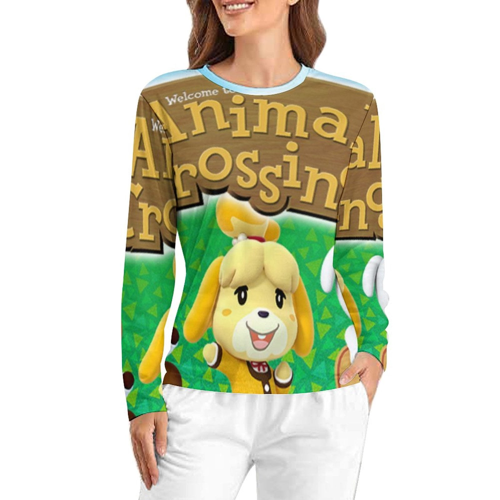 Animal Crossing Womens Pajama Top Crew Neck Long Sleeve T-Shirt Sleep ...