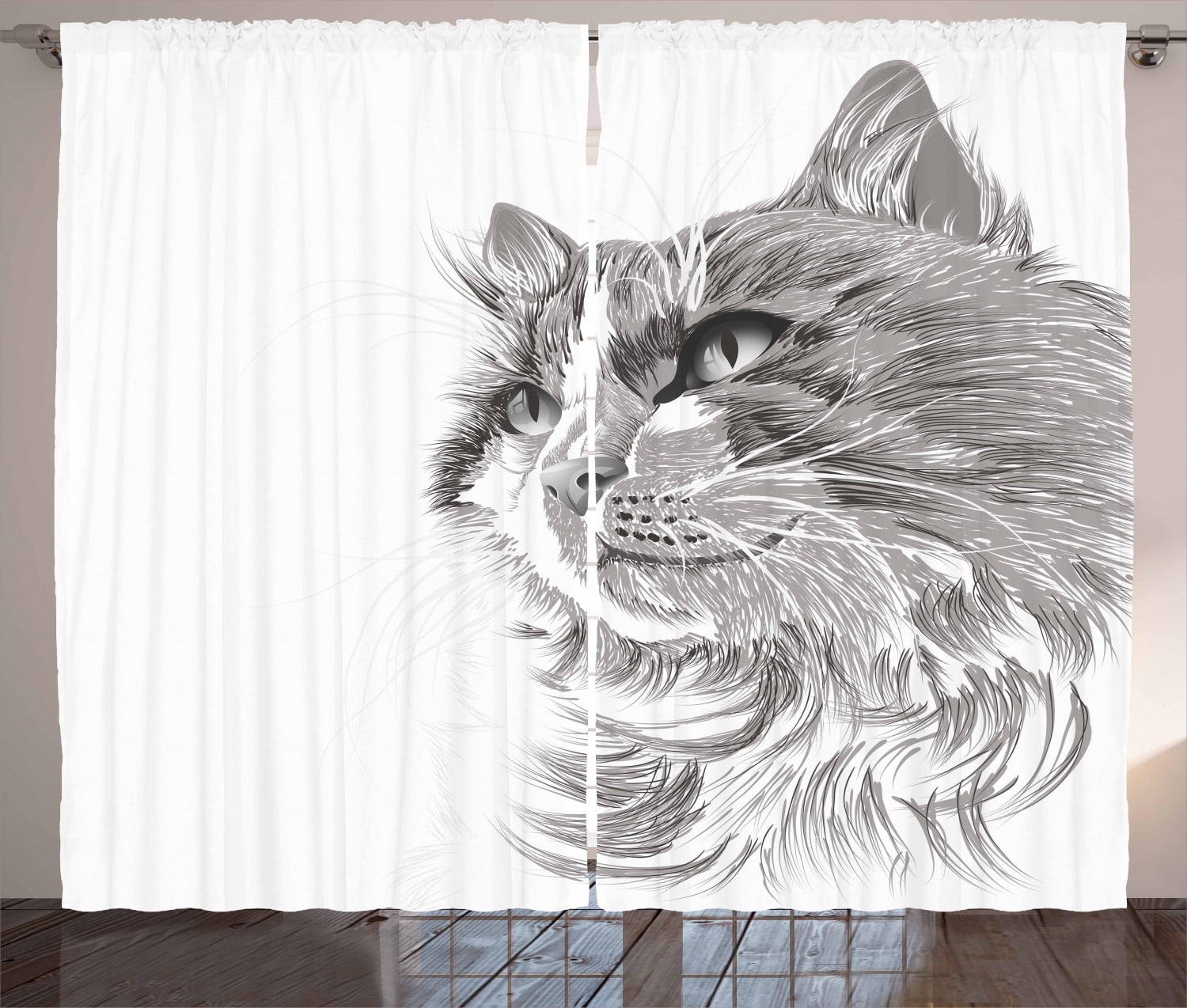 Animal Curtains 2 Panels Set, Cat Head Portrait Furry Cute Head Kitten ...