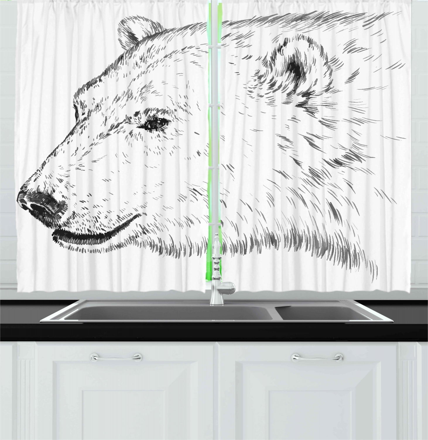 Animal Curtains 2 Panels Set, Polar Bear Profile Engraved Ink Drawing ...
