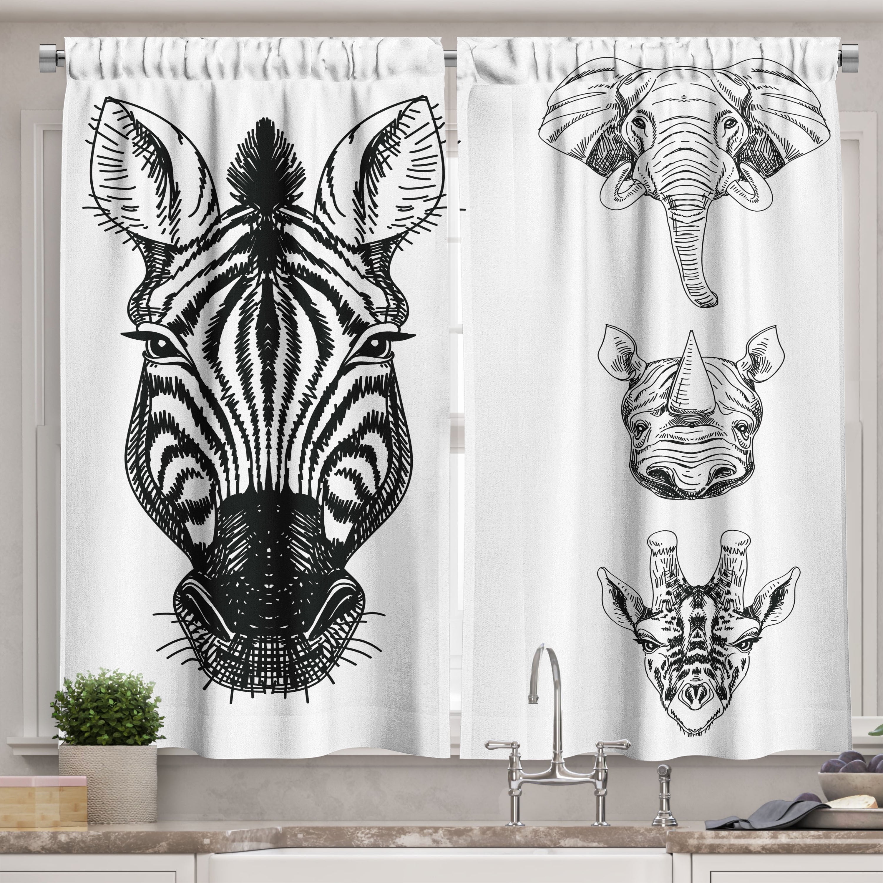 Animal Curtains 2 Panels Set, Sketch of Zebra Giraffe Elephant and ...