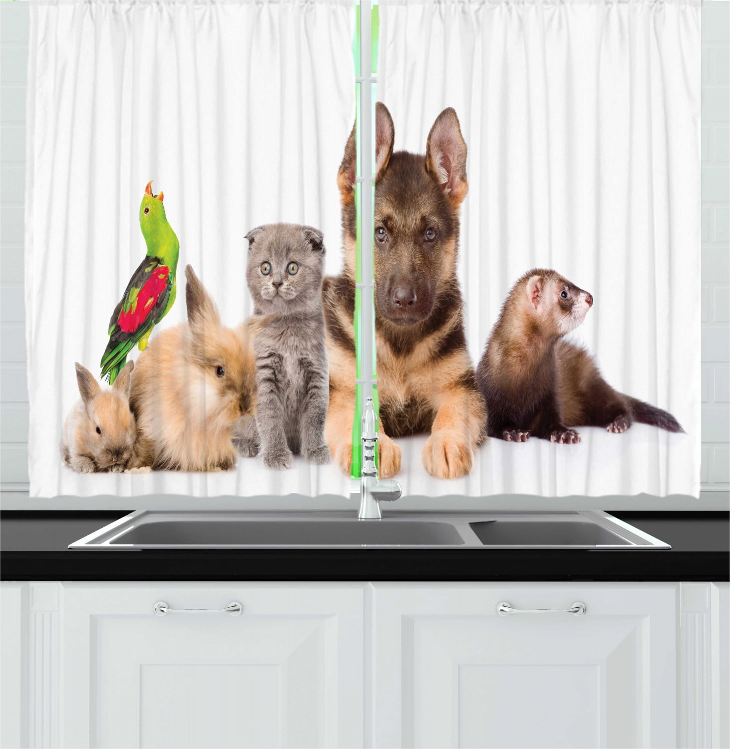 Animal Curtains 2 Panels Set, Sweet Photo with Bunnies Cat Dog and ...