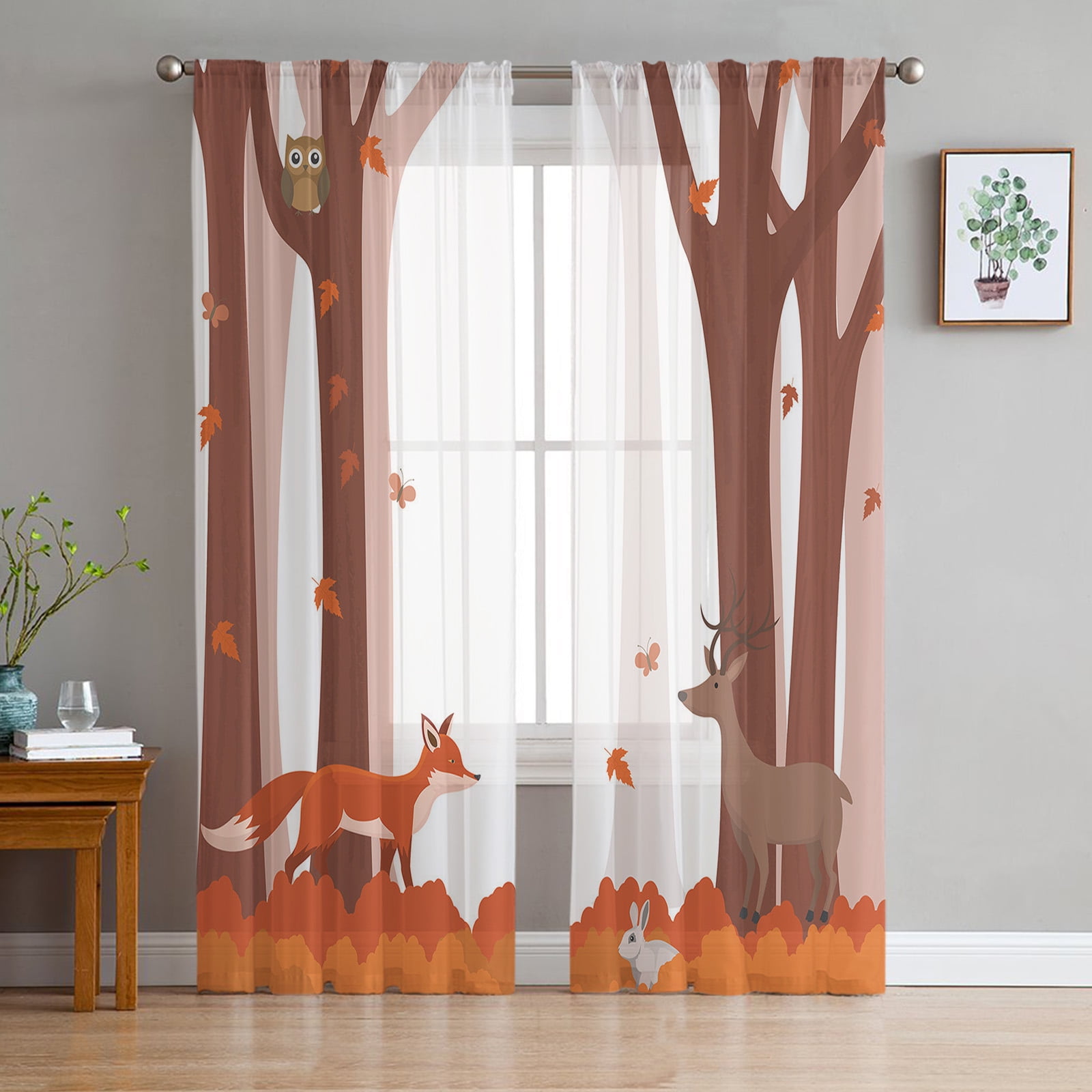 Animal Cute Fox Flower White Print Sheer Window Panel Curtains Room for ...