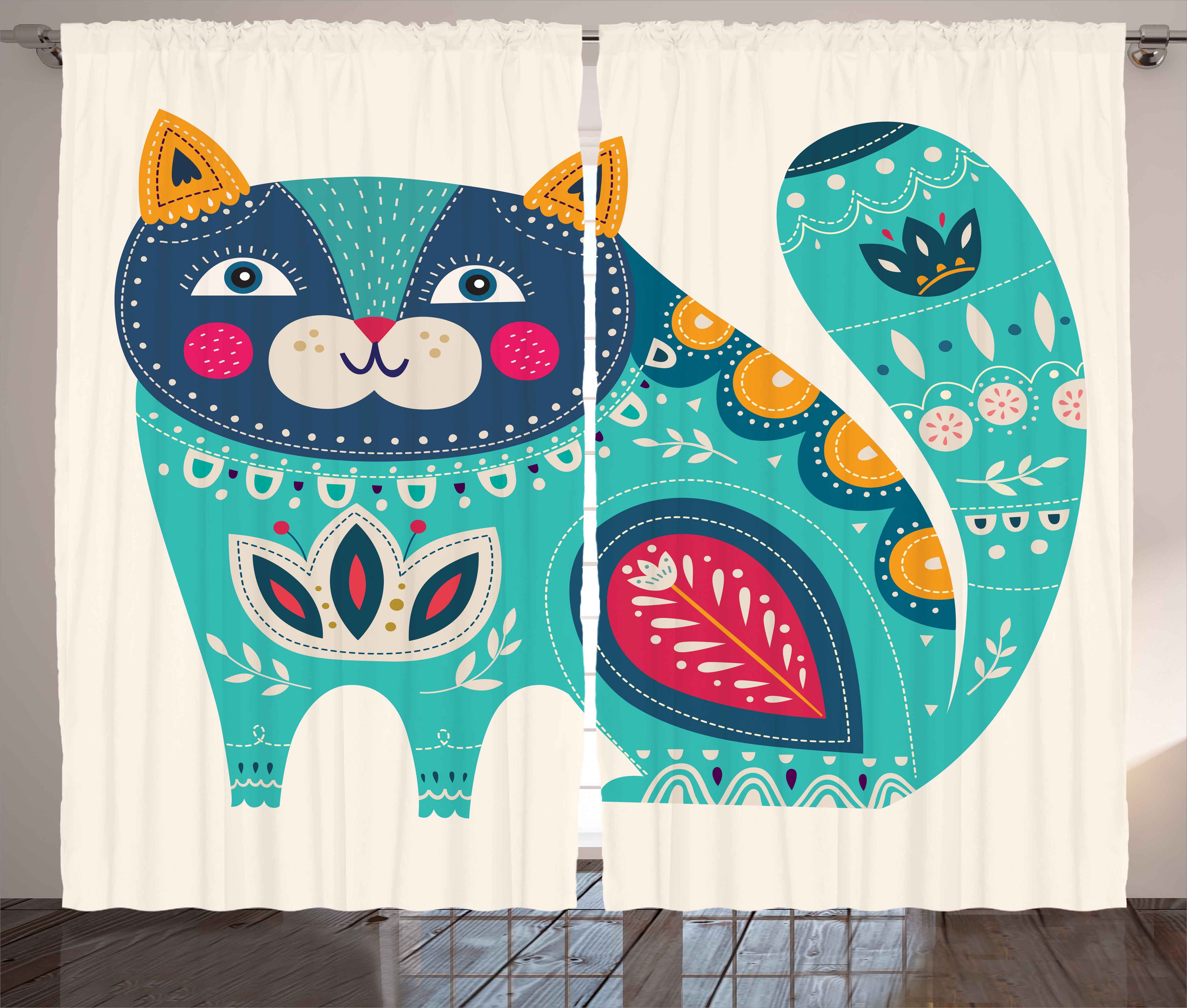 Ambesonne Animal Curtains 2 Panel Set, Paisley Style Cat Kitten, 108" x ...