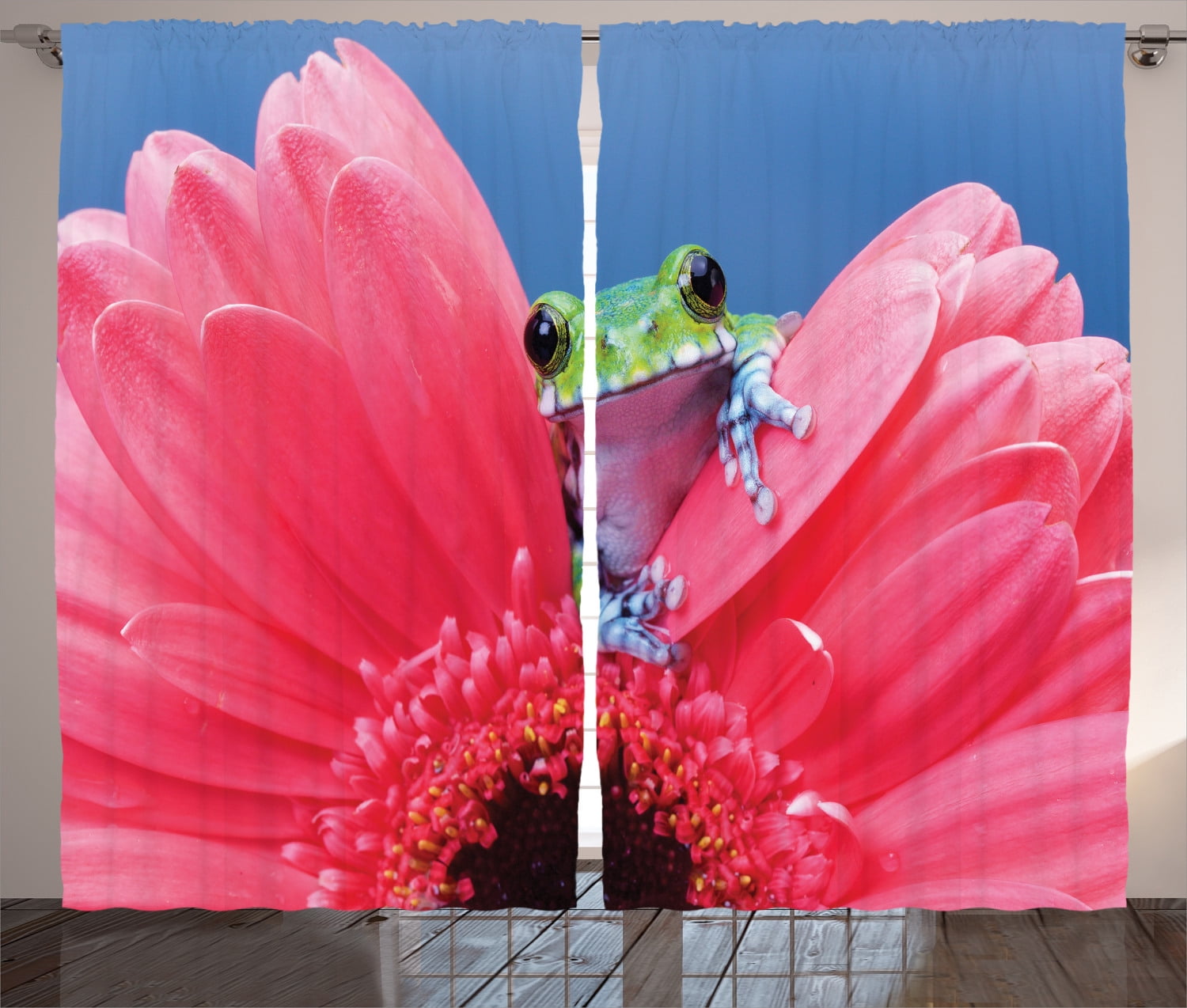 Ambesonne Nature Curtains 2 Panel Set, Frog on Gabera Flower, 108" x 90 ...