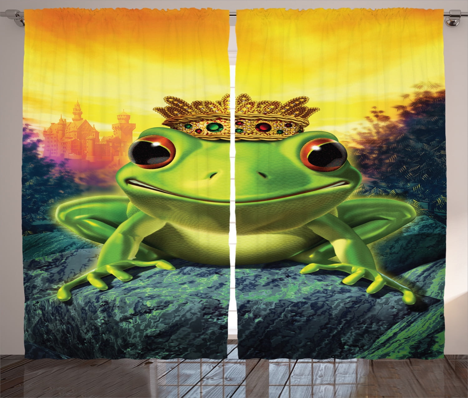 Ambesonne Animal Curtains 2 Panel Set, Frog Prince with Crown, 108" x ...