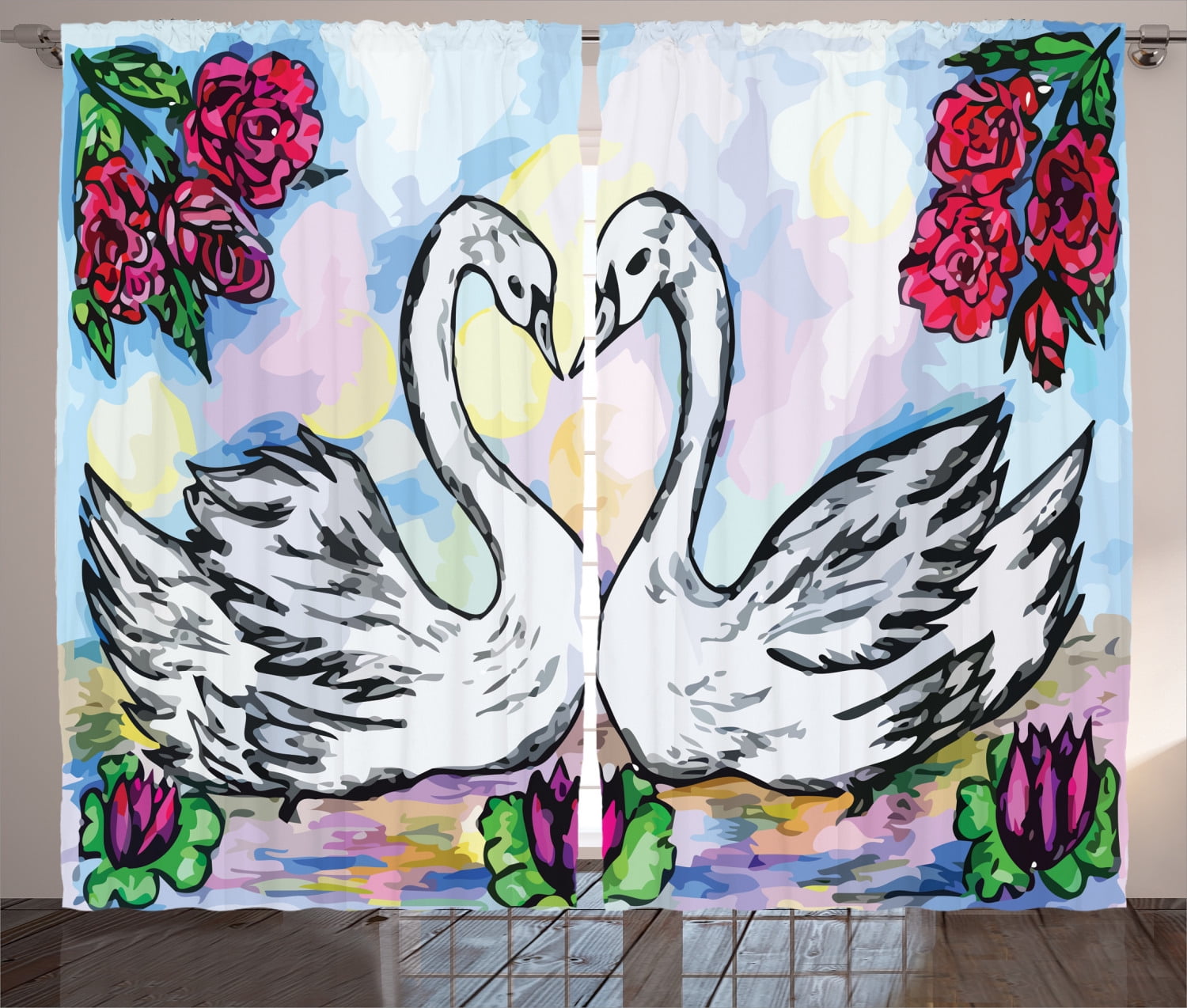 Ambesonne Floral Curtains 2 Panel Set, 2 White Swans in Lake, 108" x 84 ...