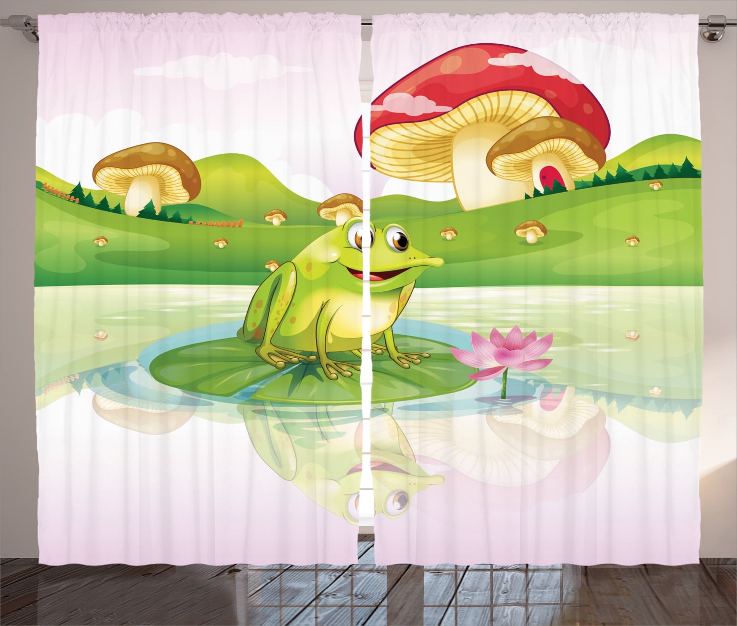 Ambesonne Colorful Curtains 2 Panel Set, Frog on Water Lily Art, 108" x ...