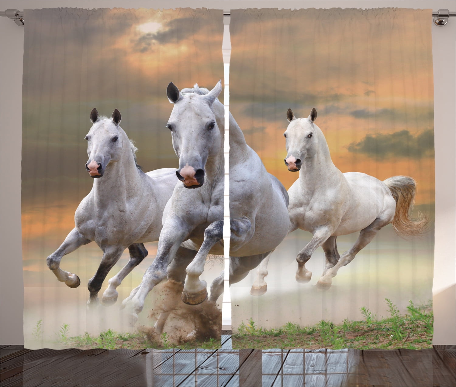 Ambesonne Horses Curtains 2 Panel Set, Sky, 108" x 90", White Orange ...