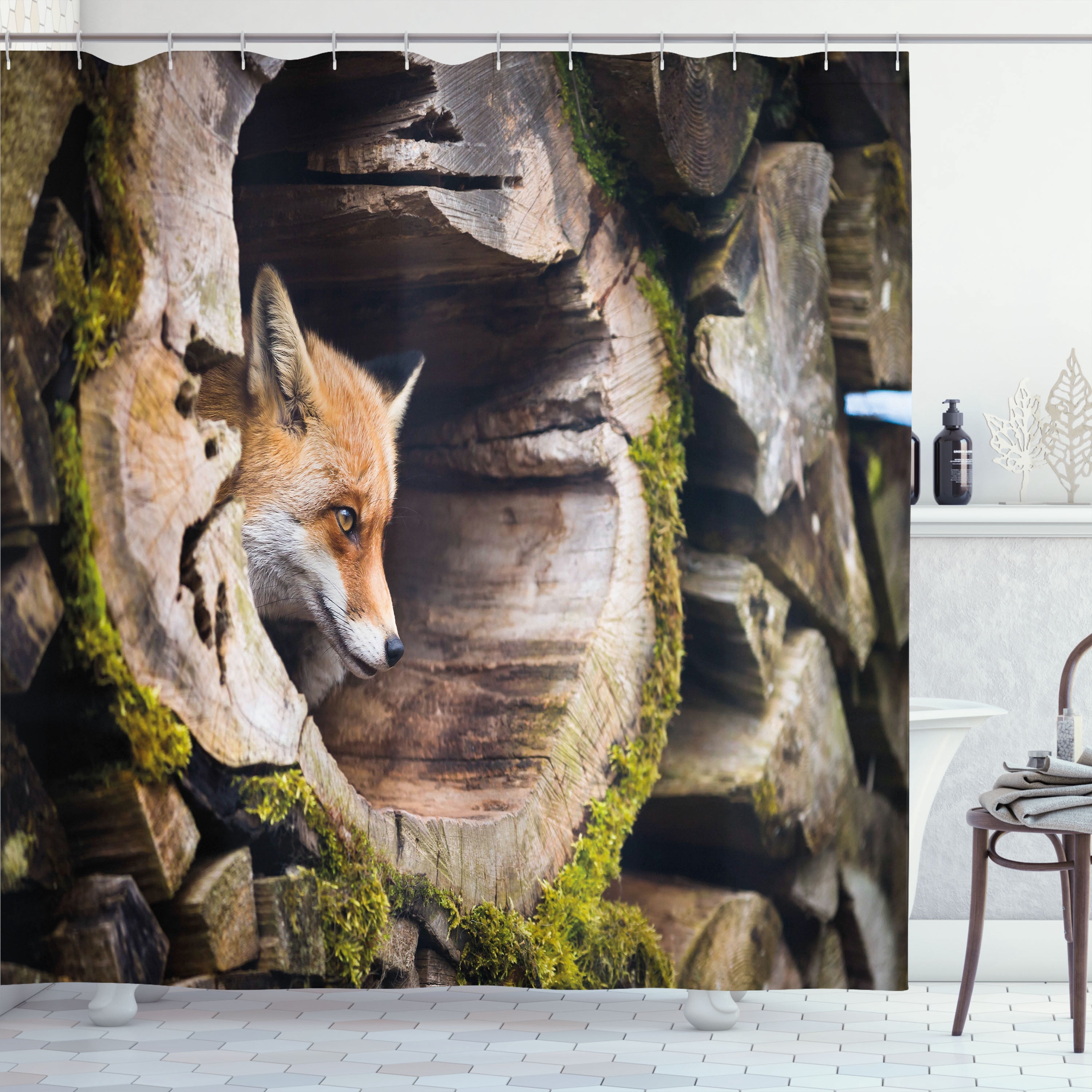 Animal Decor Shower Curtain, True Fox Vulpes inside Wood Log Holes ...