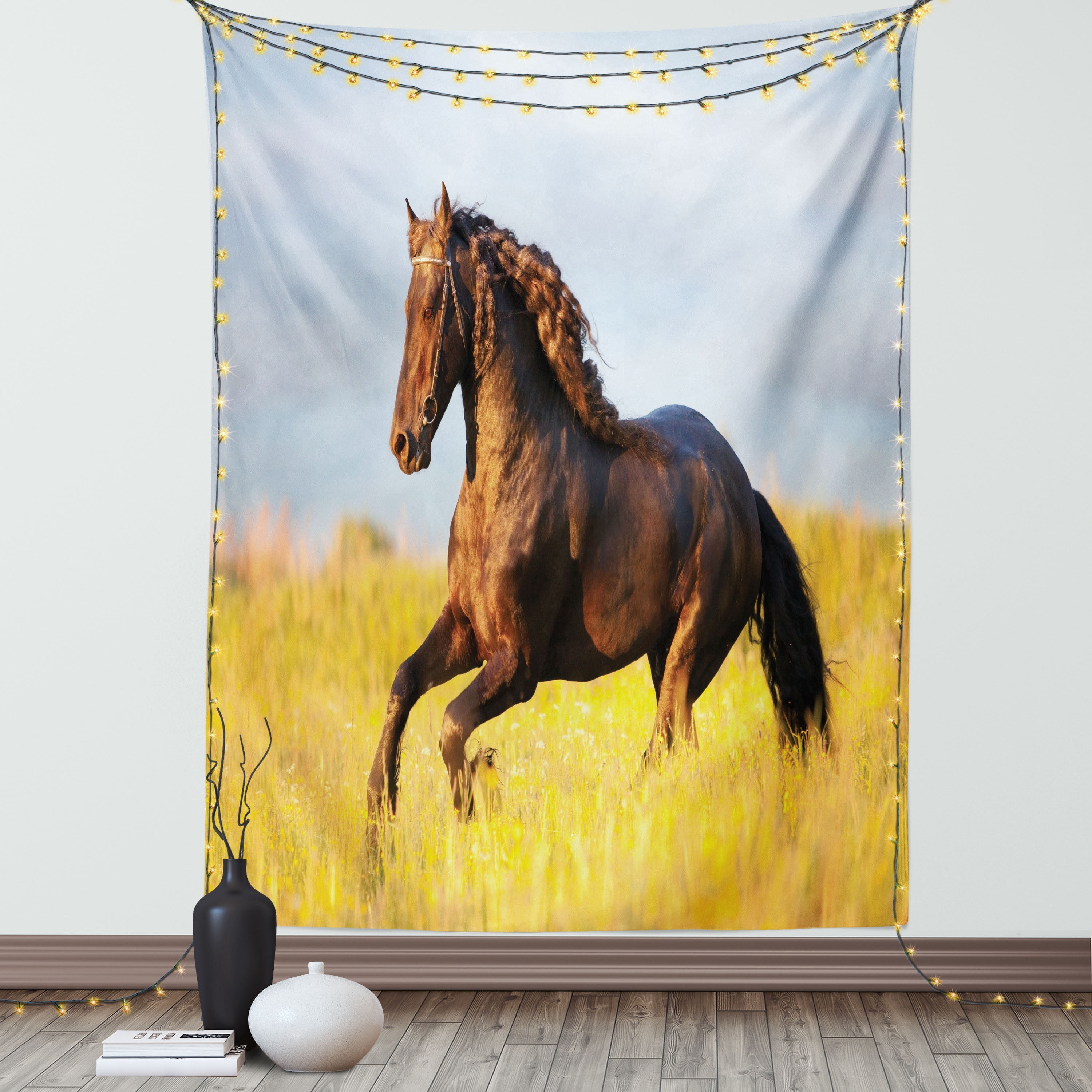 Animal Decor Wall Hanging Tapestry, Friesian Horse with Mane Gallops in ...