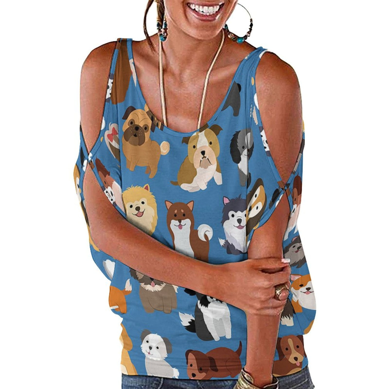 Animal Dog Cute Paw Print Casual Womens Summer Off The Shoulder Tops T ...