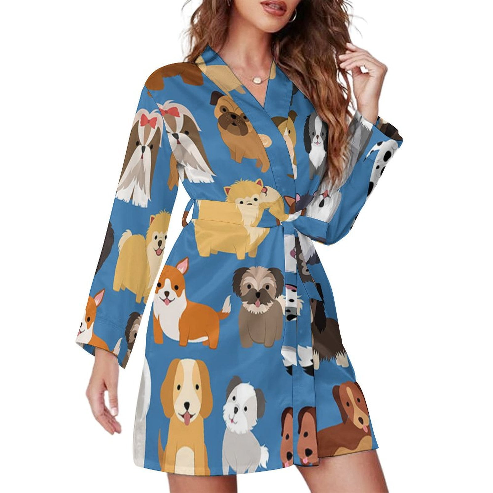 Animal Dog Cute Paw Print Night Robe Long Sleeve V Neck Robe With Belt ...
