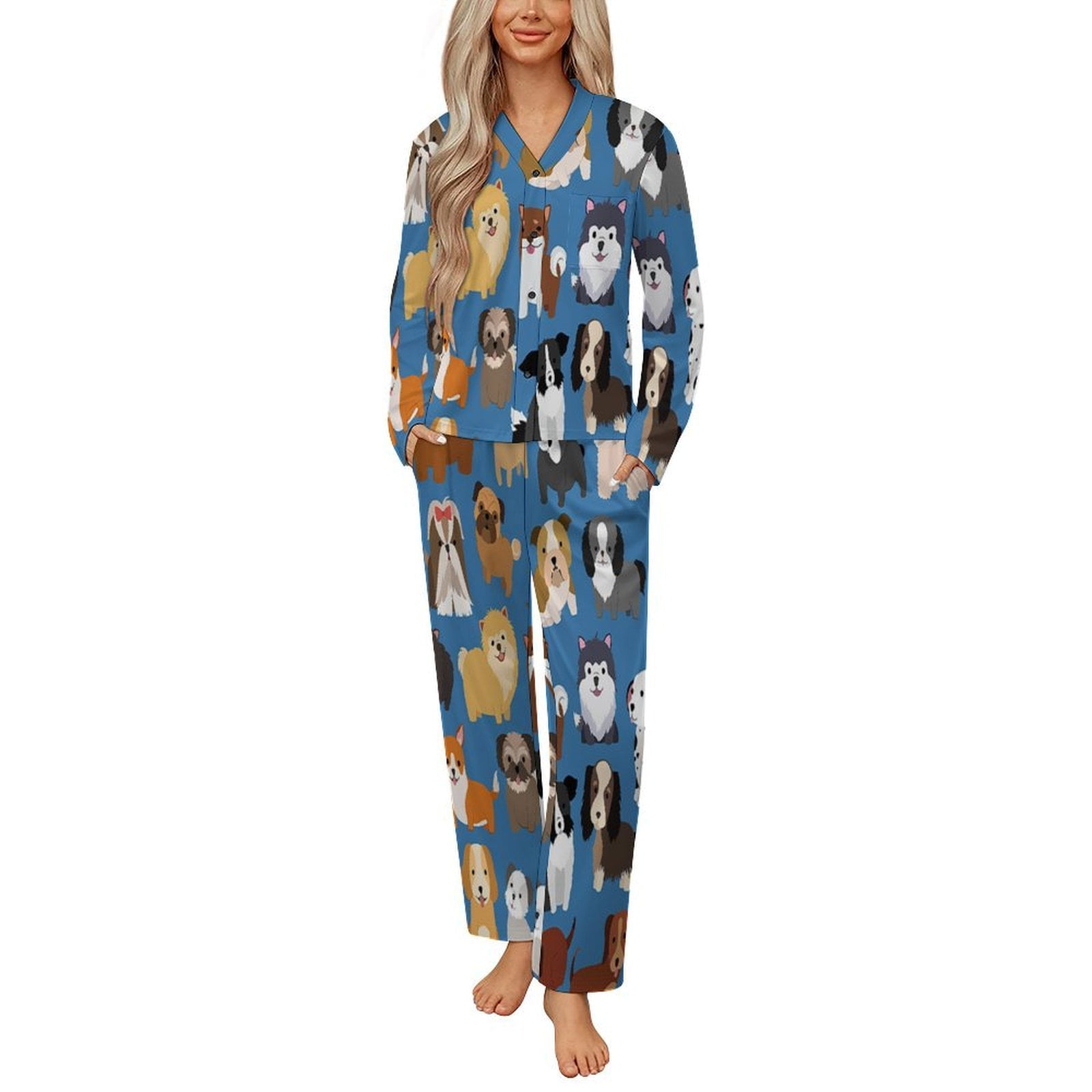 Animal Dog Cute Paw Print Womens Pyjamas Set Button Up Pyjamas Womens ...