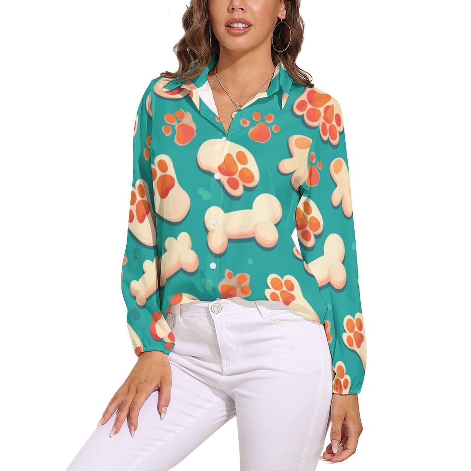 Animal Dog Paw Long Sleeve Blouse Woman Streetwear Casual Shirts Summer ...