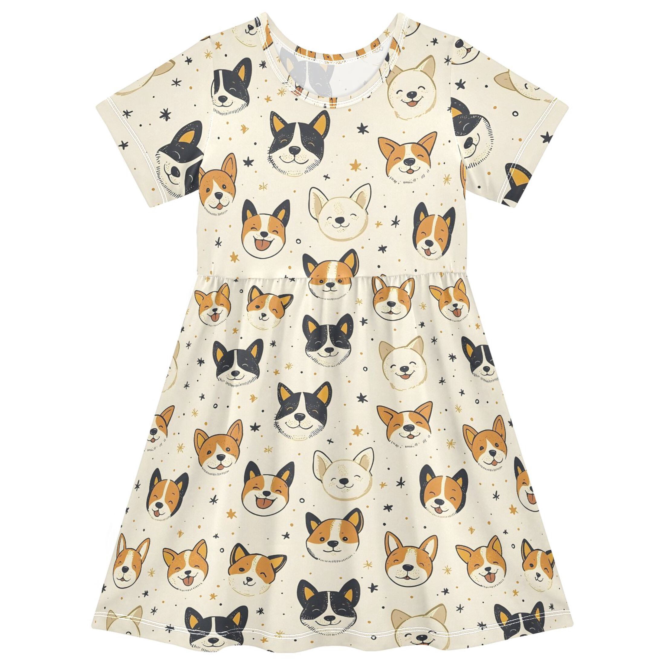 Animal Dog Yellow Tile Short Sleeve Dress A-Line Cute Midi Casual ...