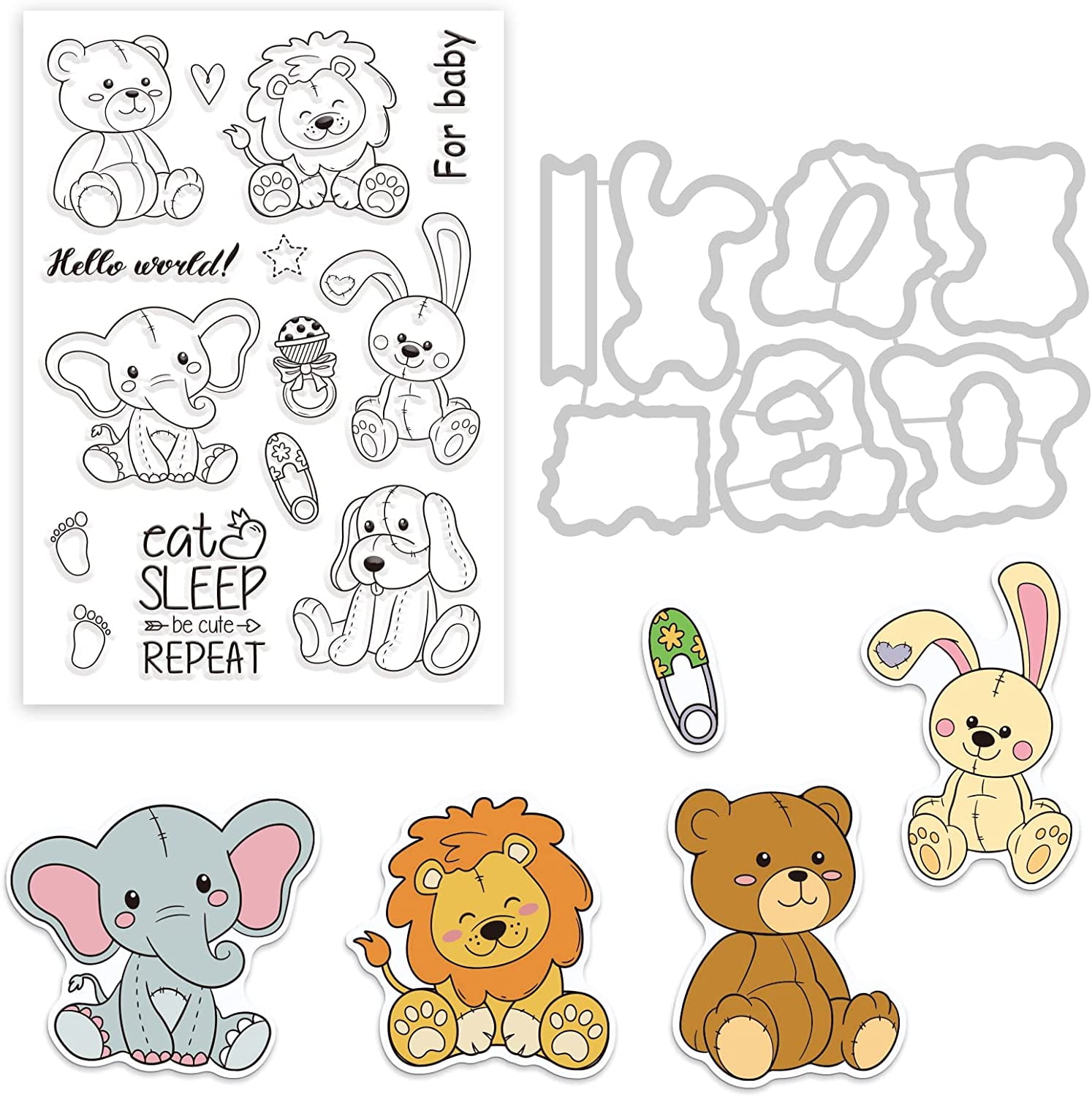 Animal Doll Cut Dies and Clear Stamp Set Bunny Dog Elephant Bear ...