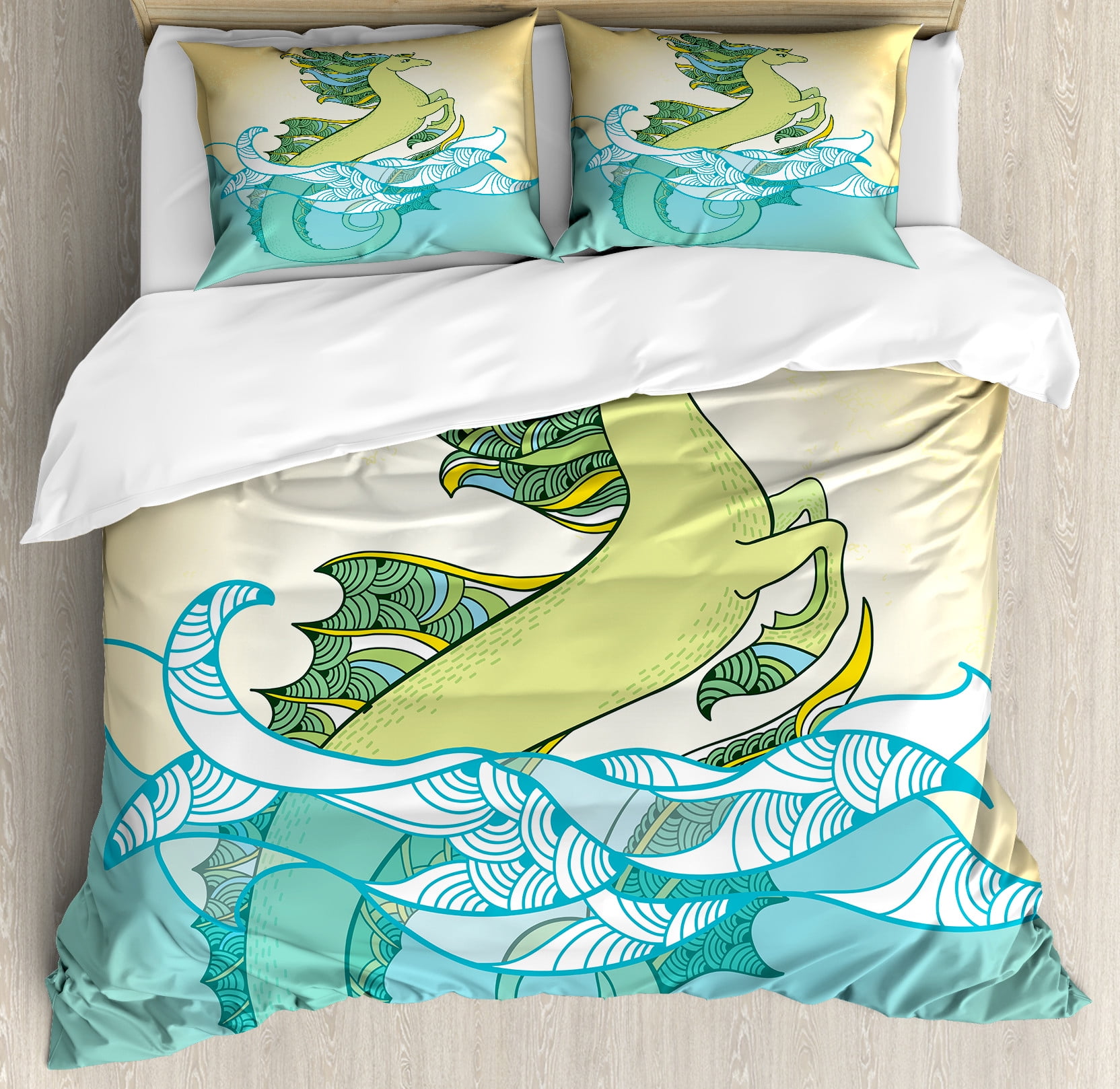 Animal Duvet Cover Set, Abstract Japanese Hippocampus Fin in the Water ...