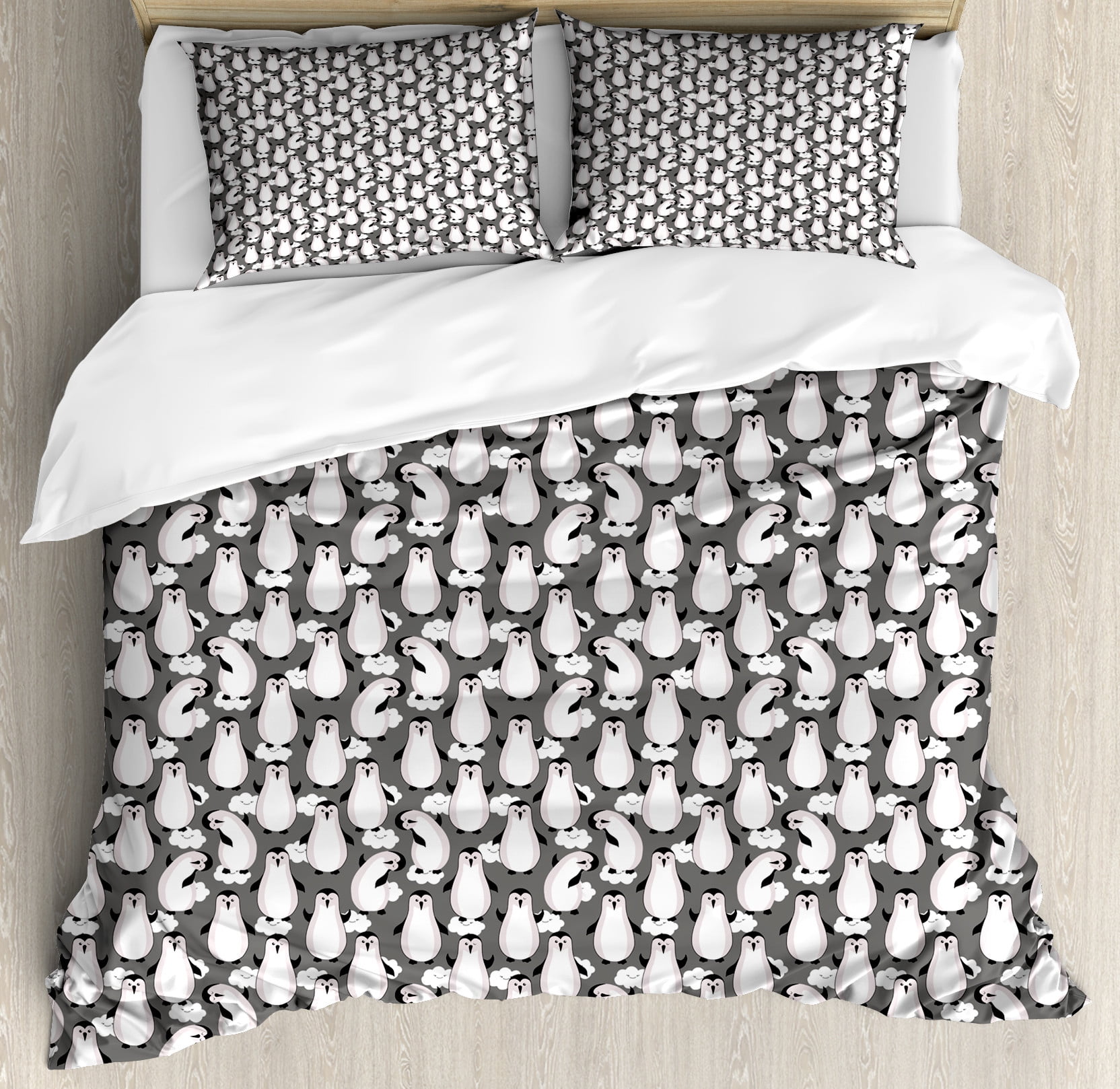 Animal Duvet Cover Set, Cartoon Drawn Little Arctic Penguin Birds and ...