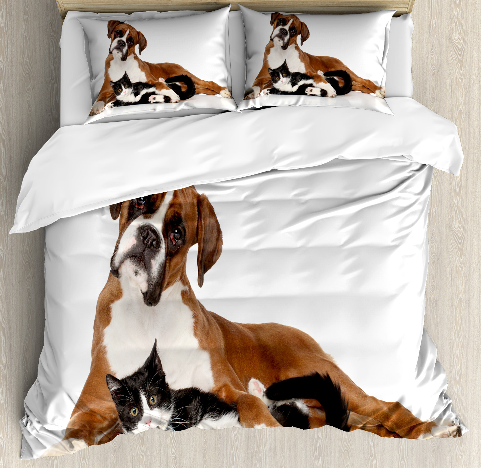 Animal Duvet Cover Set, Cat and Dog Together Lying on Floor Couple Real ...