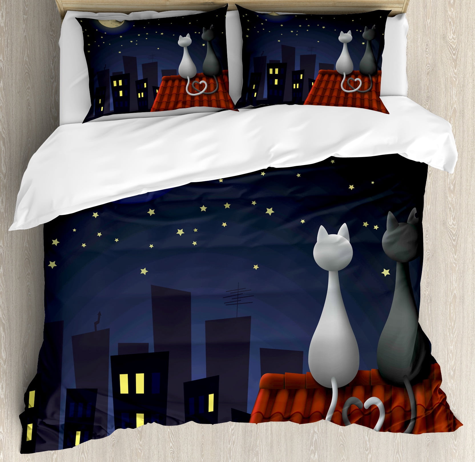 Animal Duvet Cover Set, Cats on the Roof Couple Valentines Animal ...