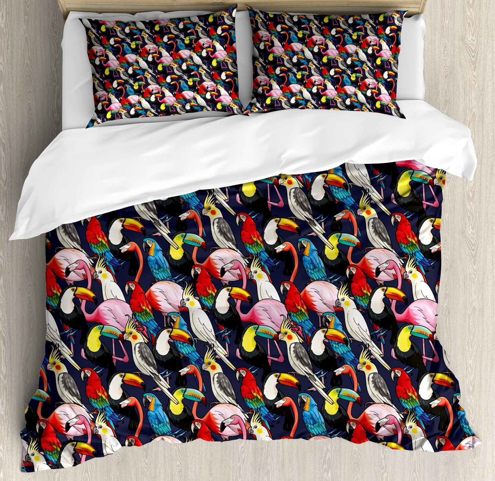 Animal Duvet Cover Set, Colorful Exotic Birds Cockatoo Flamingo Macaw ...