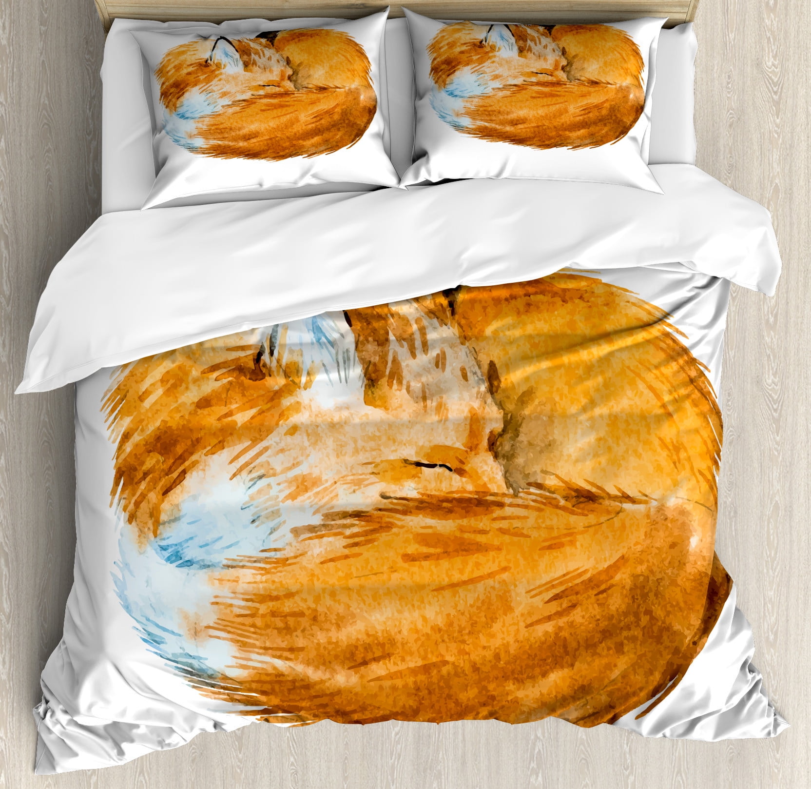 Animal Duvet Cover Set, Fox Sleeping Funny Creature in Watercolor Art ...