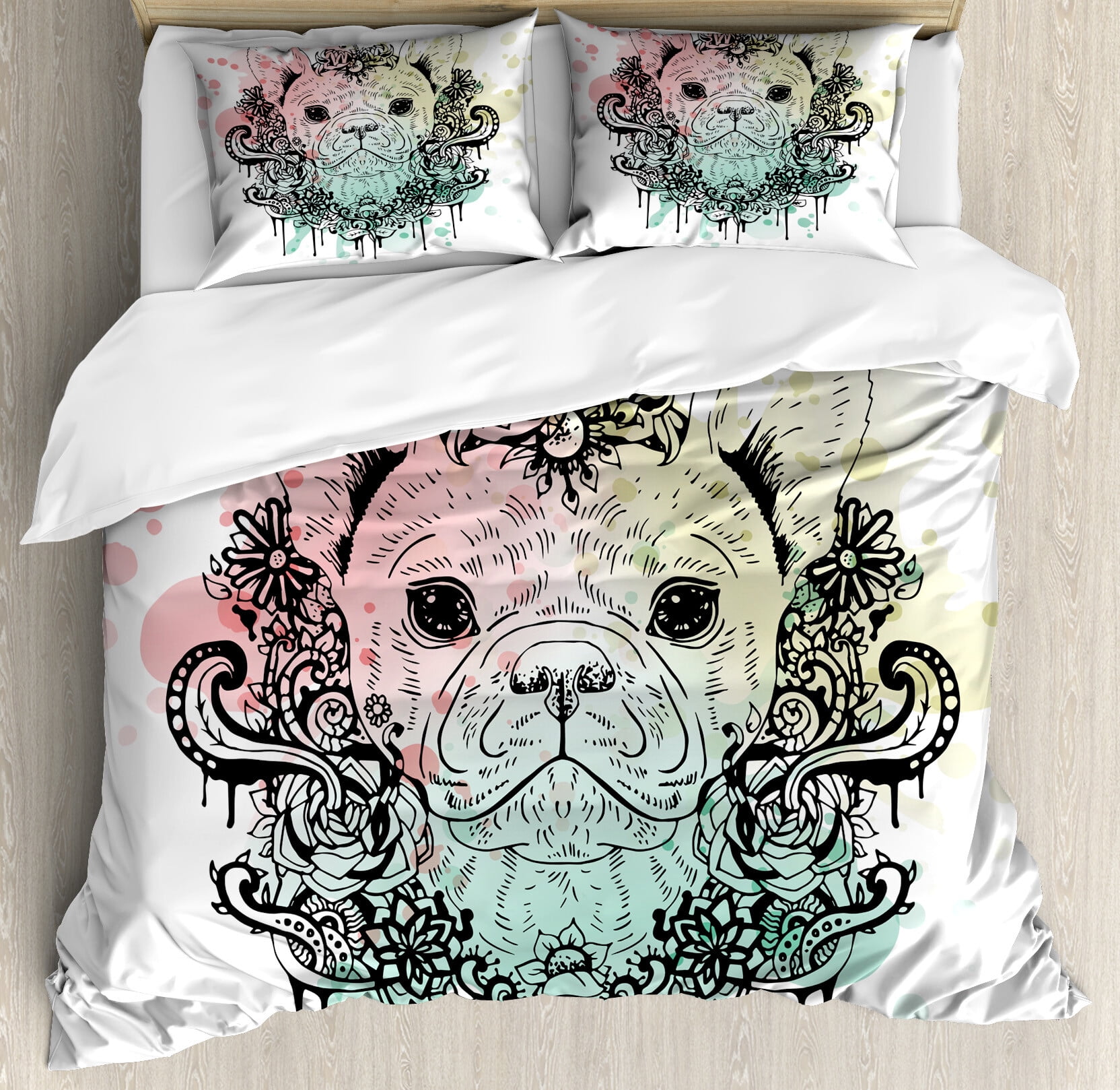 Animal Duvet Cover Set, French Bulldog with Floral Wreath on ...