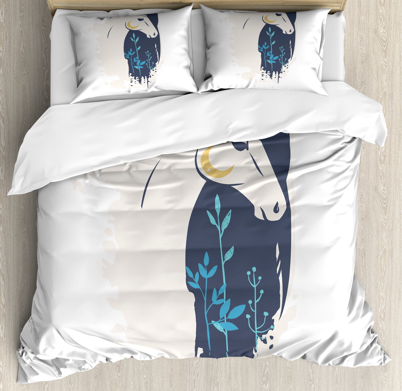 Animal Duvet Cover Set, Horse Head Along a Large Mane Moon and Plants ...