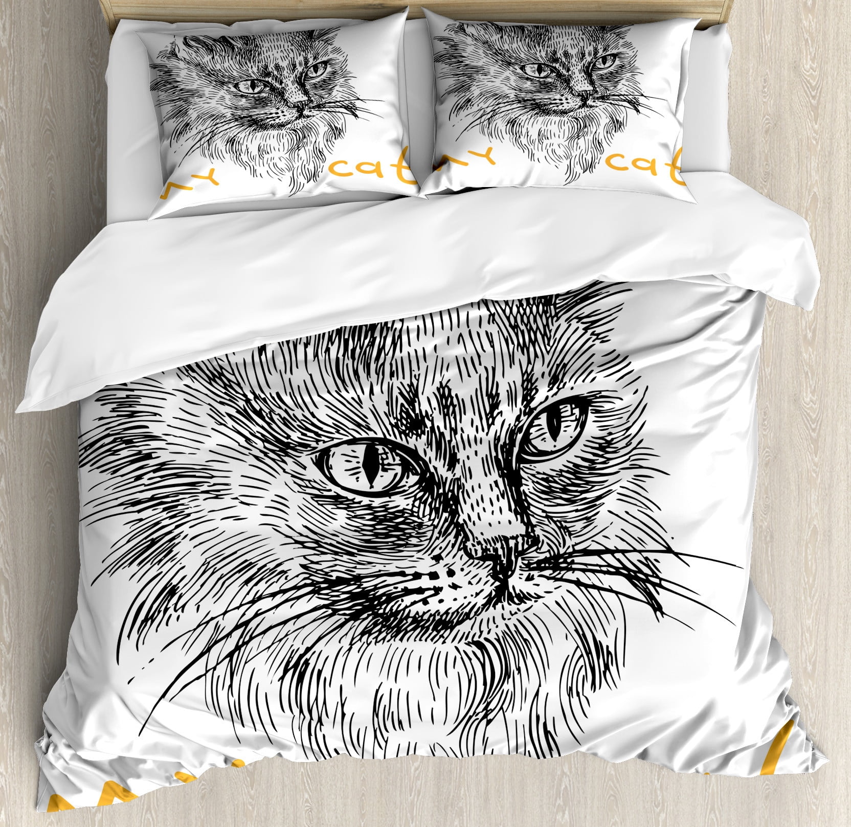 Animal Duvet Cover Set, Ink Sketch Hand Drawn Illustration of Cat ...
