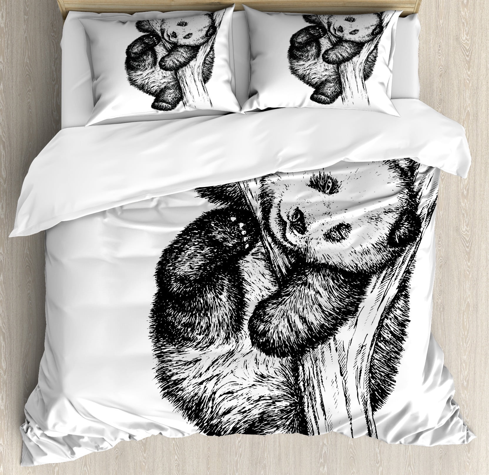 Animal Duvet Cover Set, Little Panda Bear on Tree Branch Fury Tropical ...