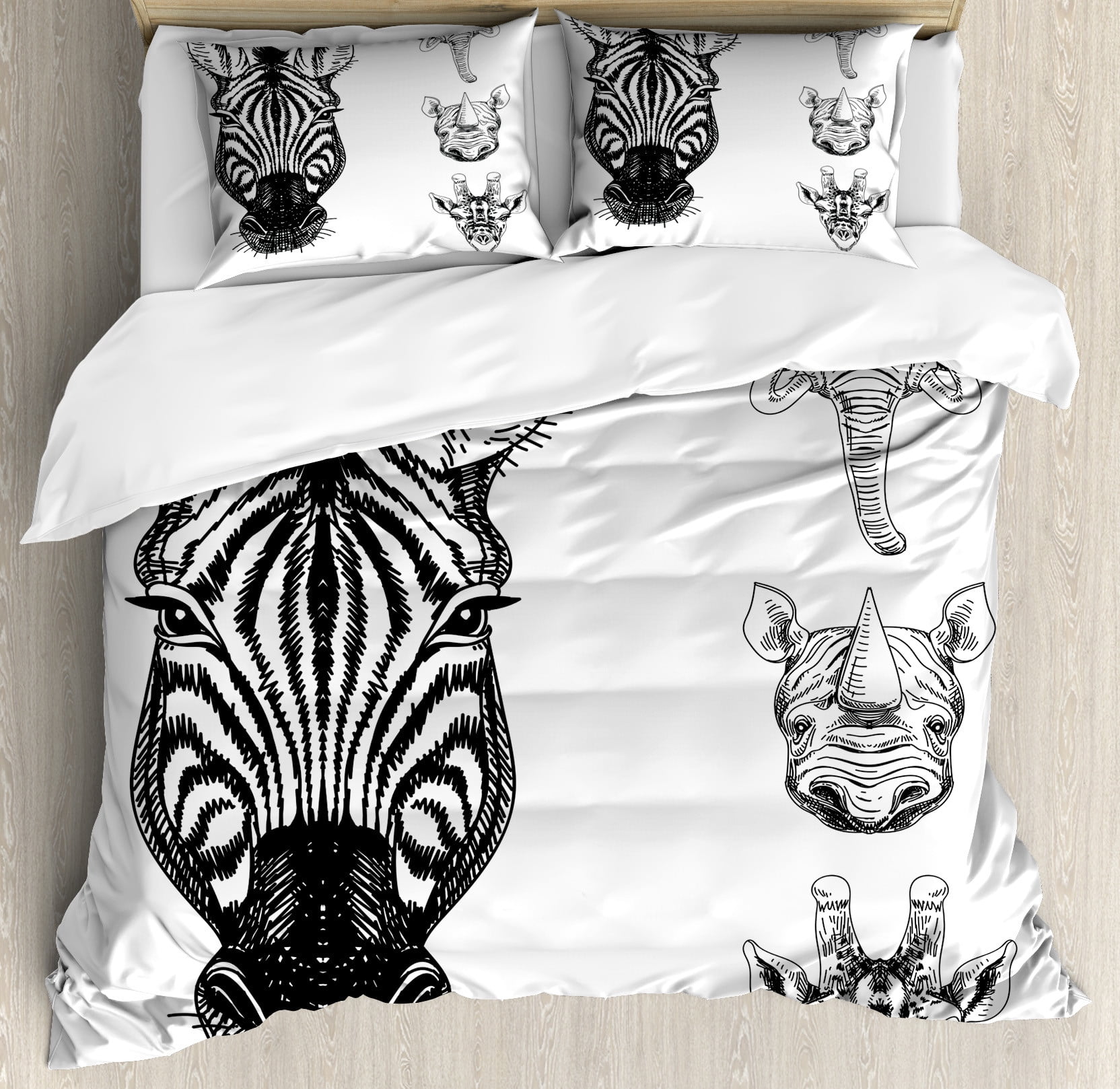 Animal Duvet Cover Set, Monochrome Sketch of Zebra Giraffe Heads ...