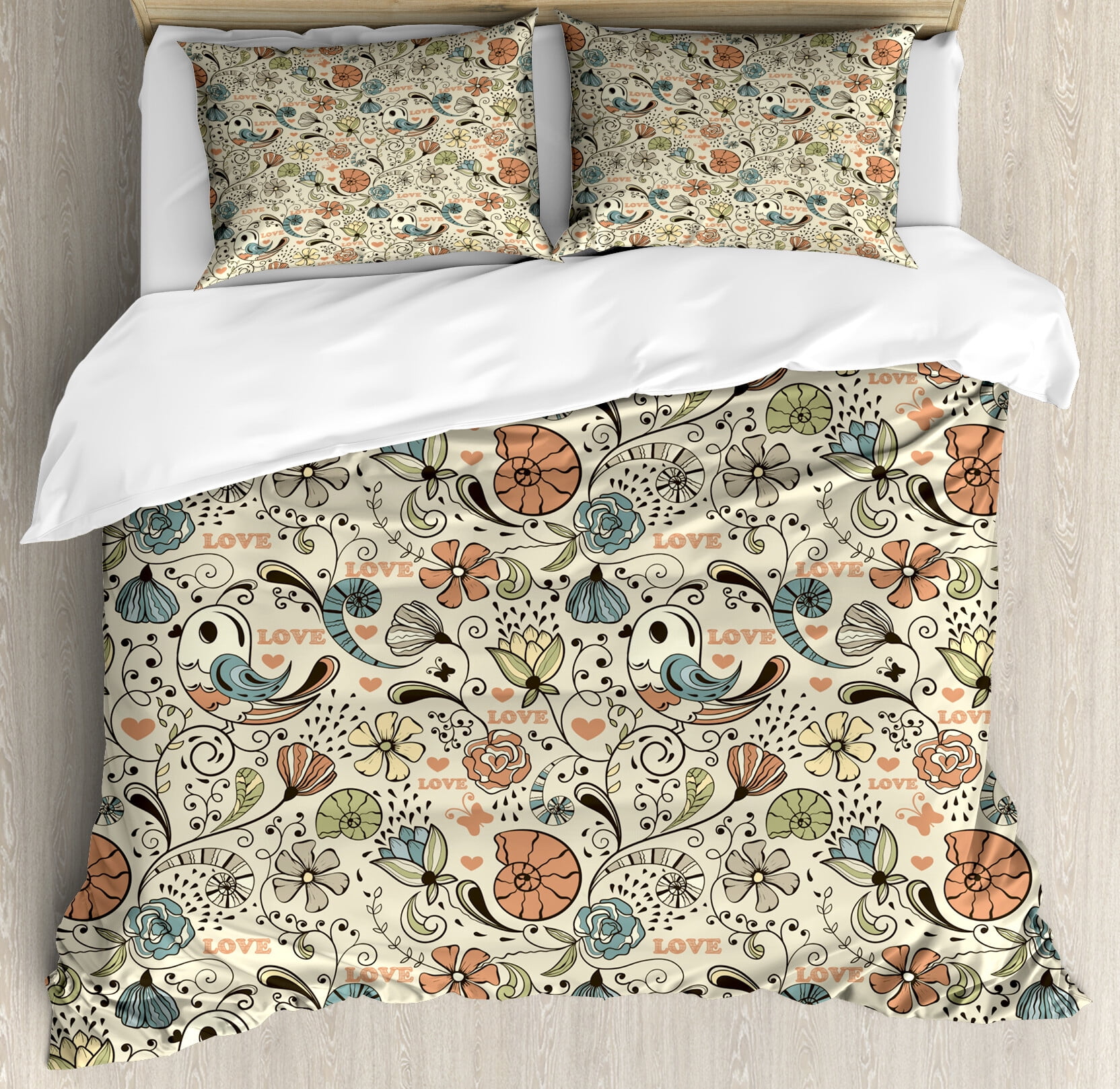 Animal Duvet Cover Set, Nature Birds Aster Tulip Flowers Snail Love ...