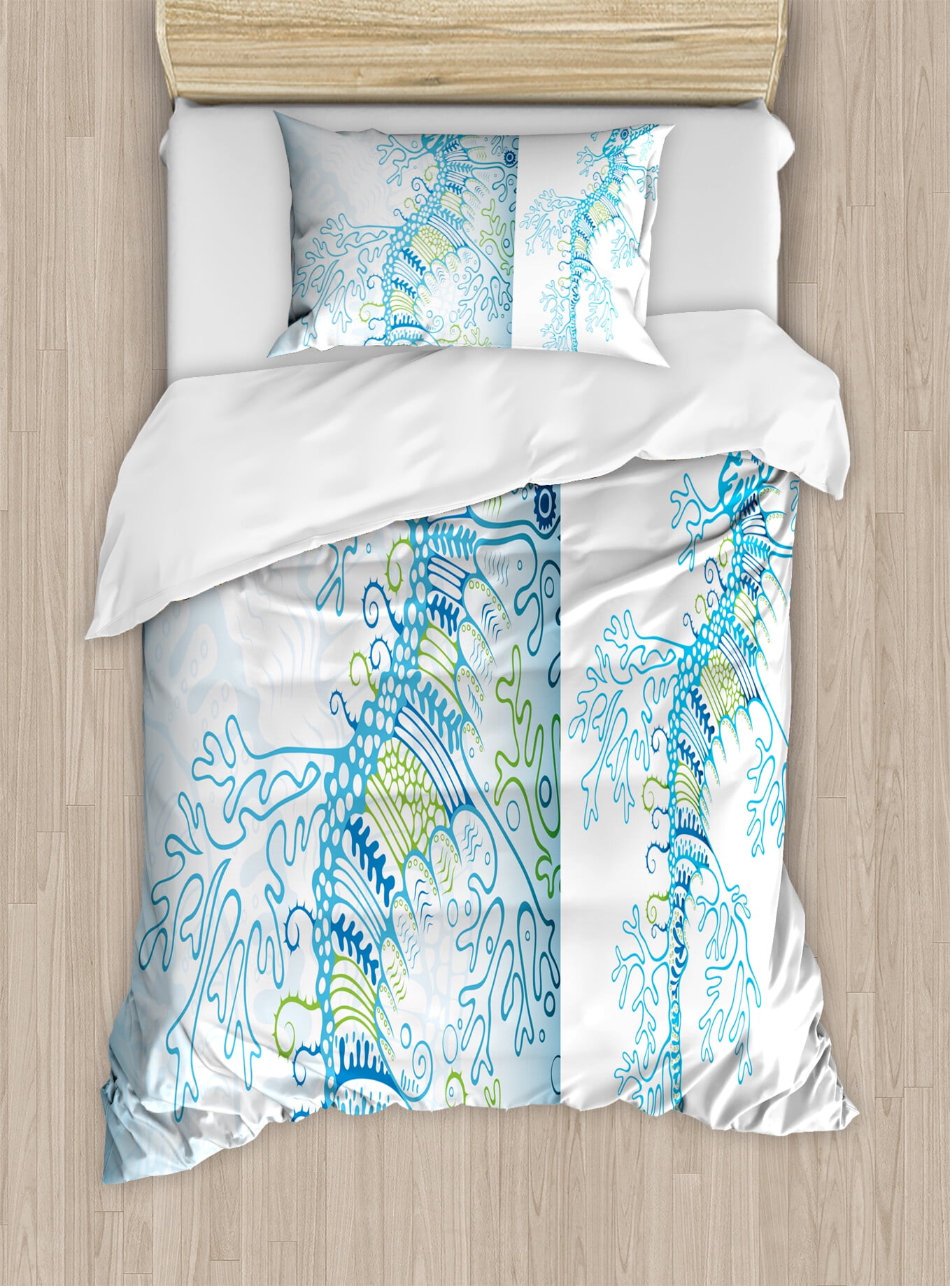 Animal Duvet Cover Set, Ornamental Seahorse Fish Figure in Soft Colors ...