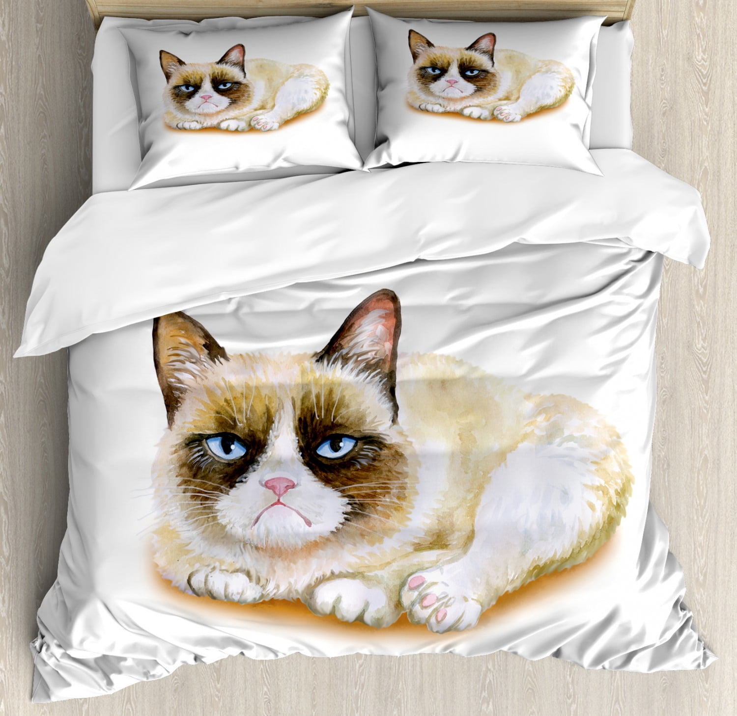 Animal Duvet Cover Set Queen Size, Grumpy Siamese Cat Angry Paws Asian ...