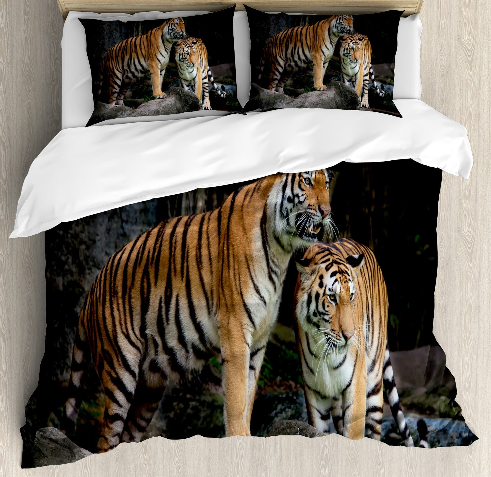 Animal Duvet Cover Set, Tiger Couple in the Jungle on Big Rocks Image ...