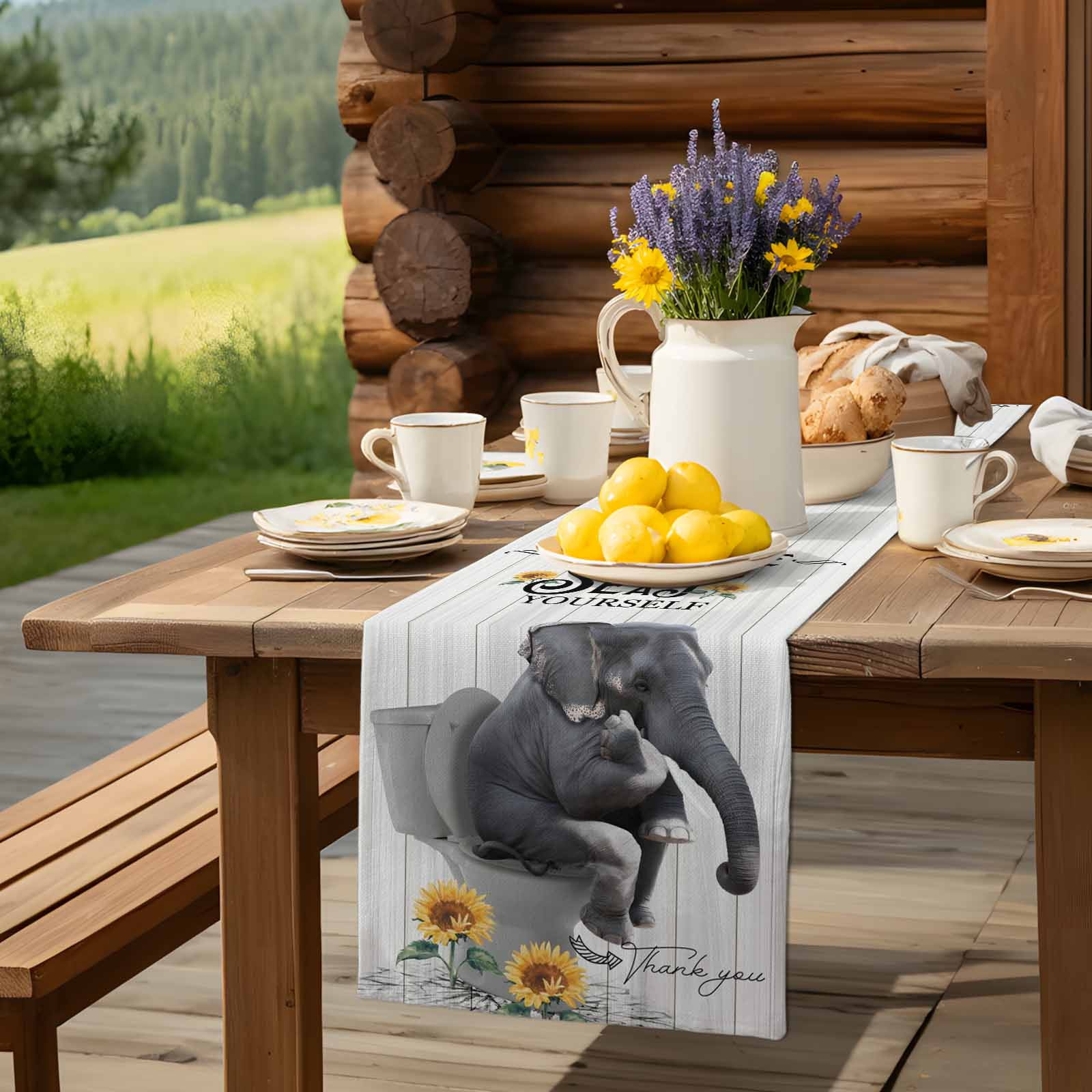 Animal Elephant Sitting on Toilet Table Runner 13x90in Non-Slip Cotton ...