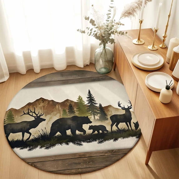 Animal Elk Bear Silhouette Round Area Rug 3ft,Living Room Rug Non-Slip ...