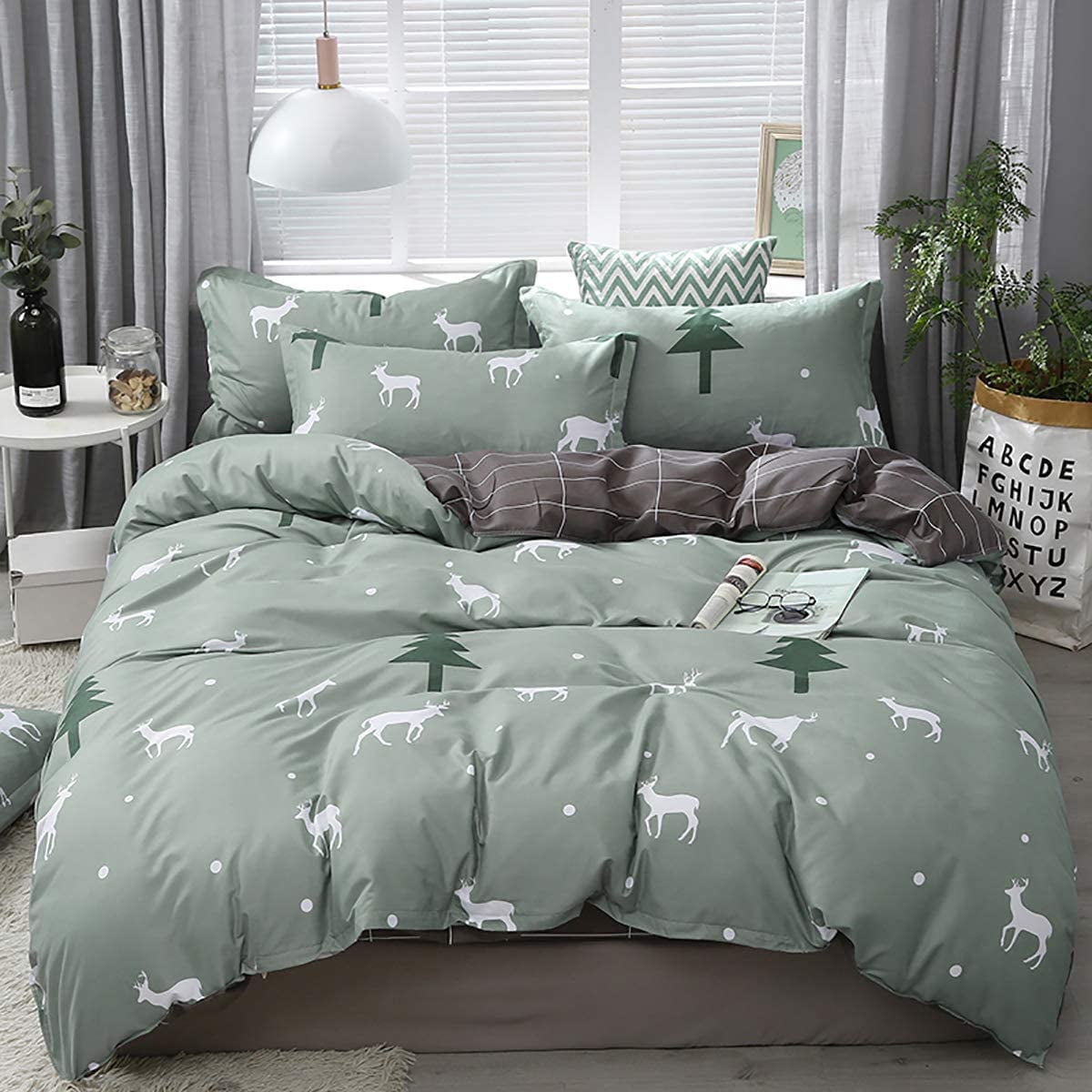Animal Elk Deer Tree Printed with Black Rectangle Plaid Soft Microfiber ...
