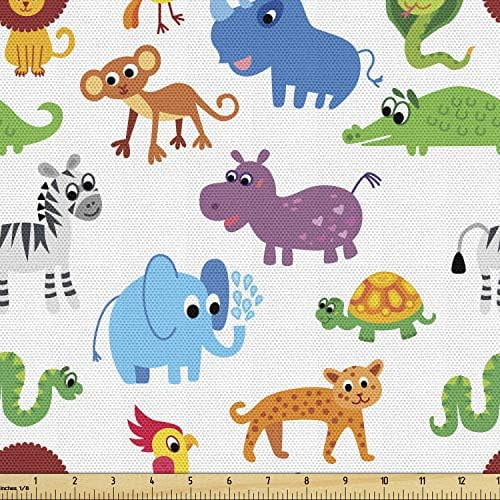 Animal Fabric By The Yard, Repetitive Zoo Themed Pattern With Childish ...