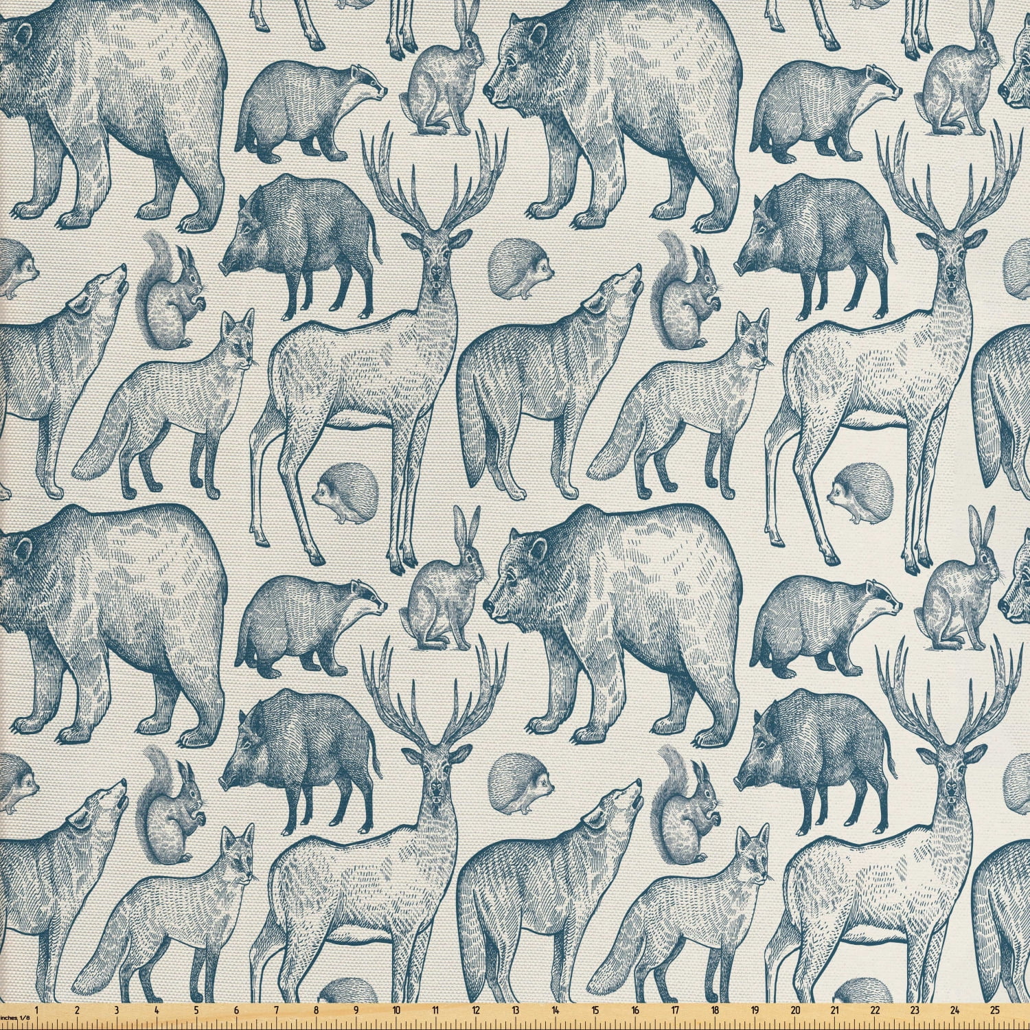 Animal Fabric by the Yard, Repetitive Sketch of Wild Pig Bear Rabbits ...