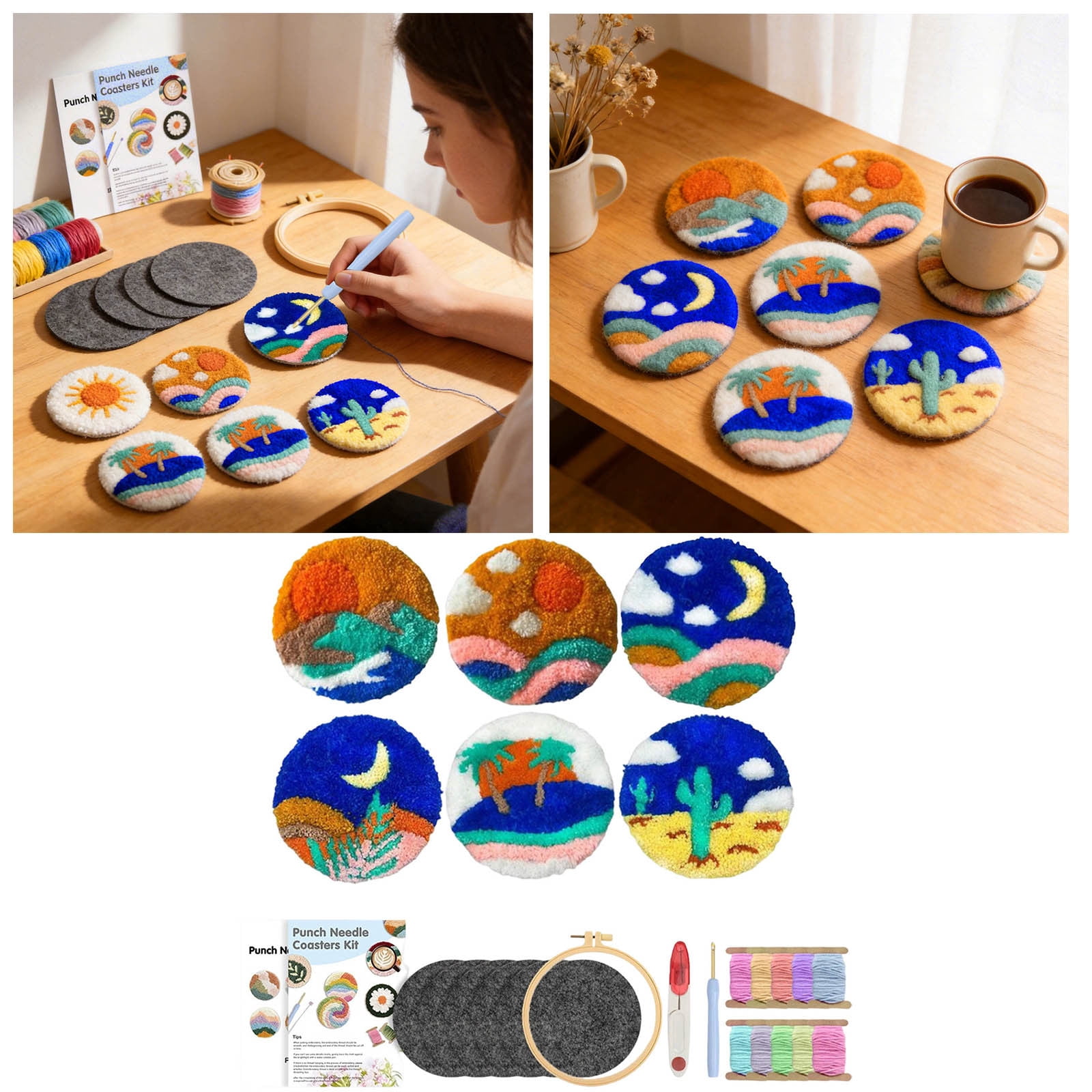 Animal Face Punch Needle Coaster DIY Craft Kit, Complete Rug Punch ...