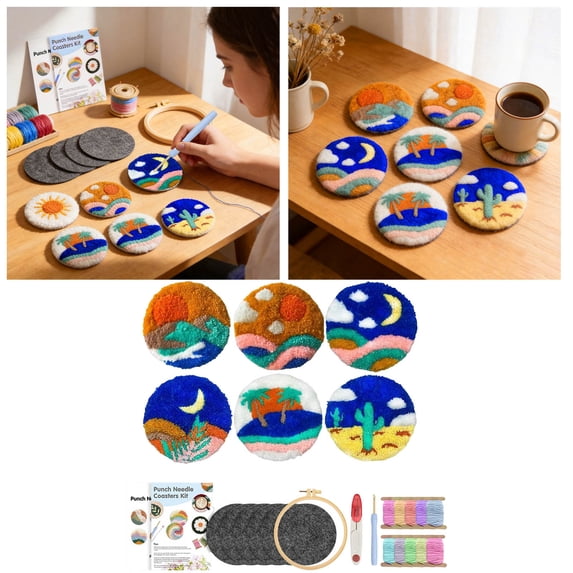 Animal Face Punch Needle Coaster DIY Craft Kit, Complete Rug Punch ...